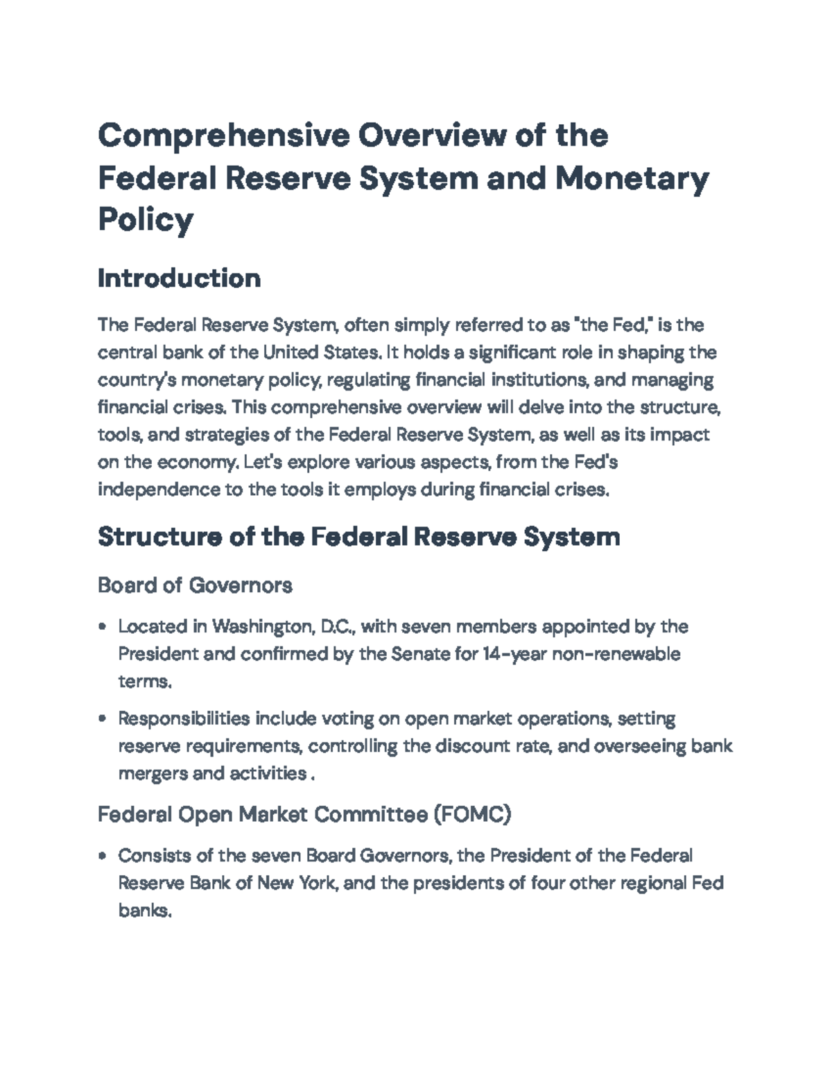 Federal Reserve System & Monetary Policy Overview (ECO 101) - Studocu