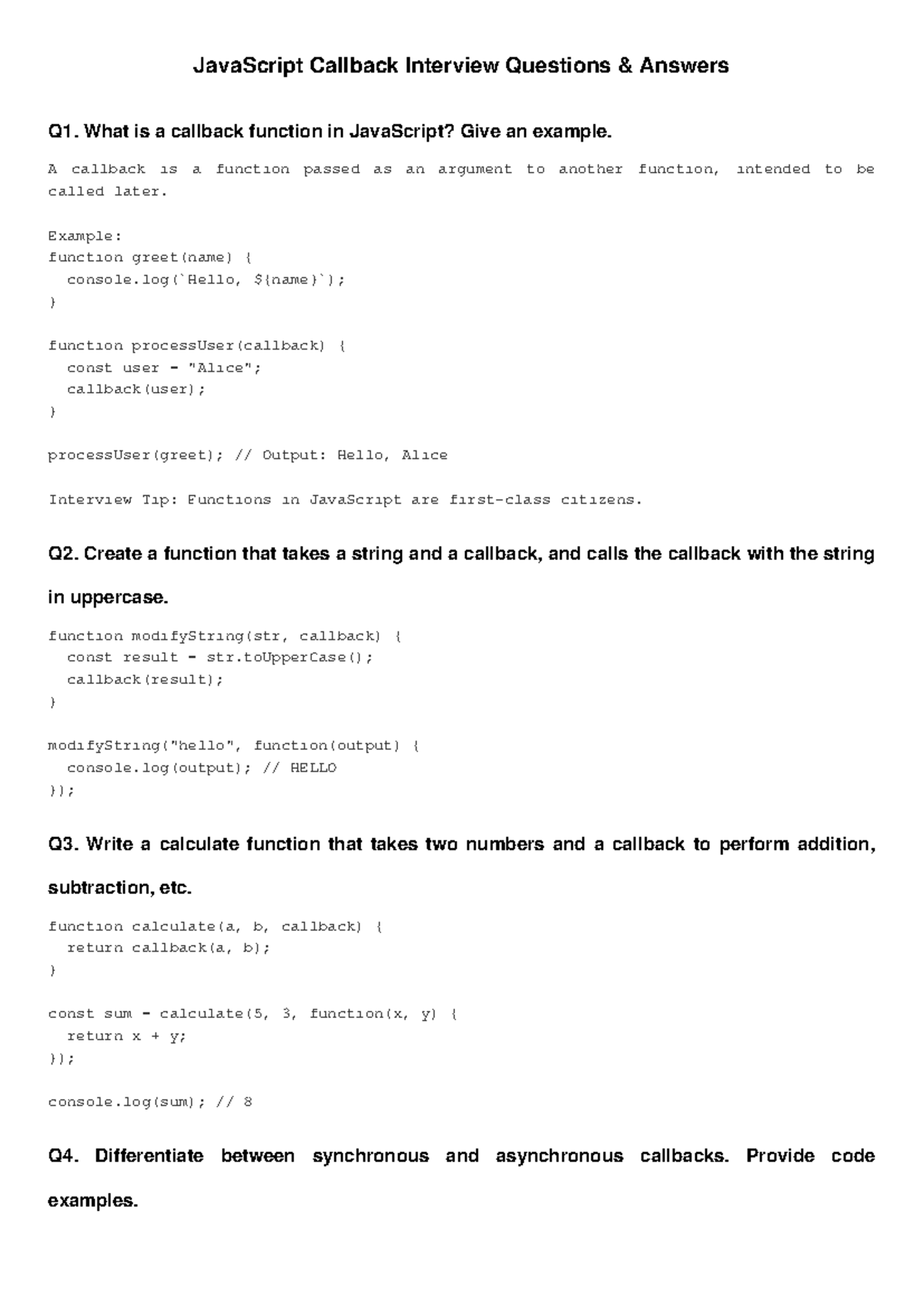 JavaScript Callback Interview Q&A: Key Concepts & Examples - Studocu