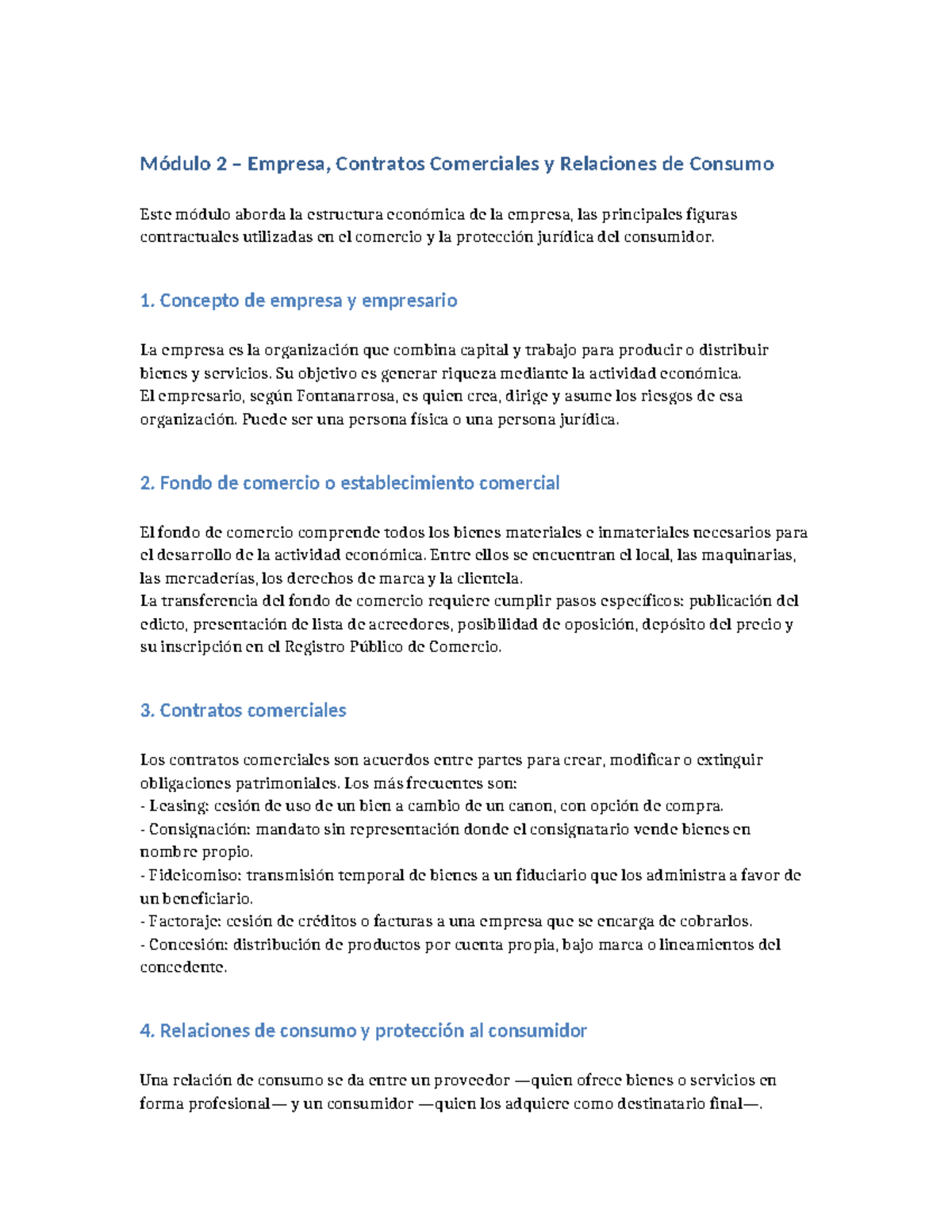 Módulo 2: Empresa, Contratos Comerciales y Protección al Consumidor - Studocu