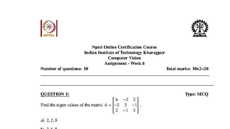 NPTEL 2025 Computer Vision Assignment Week 6 Practice Questions - Studocu