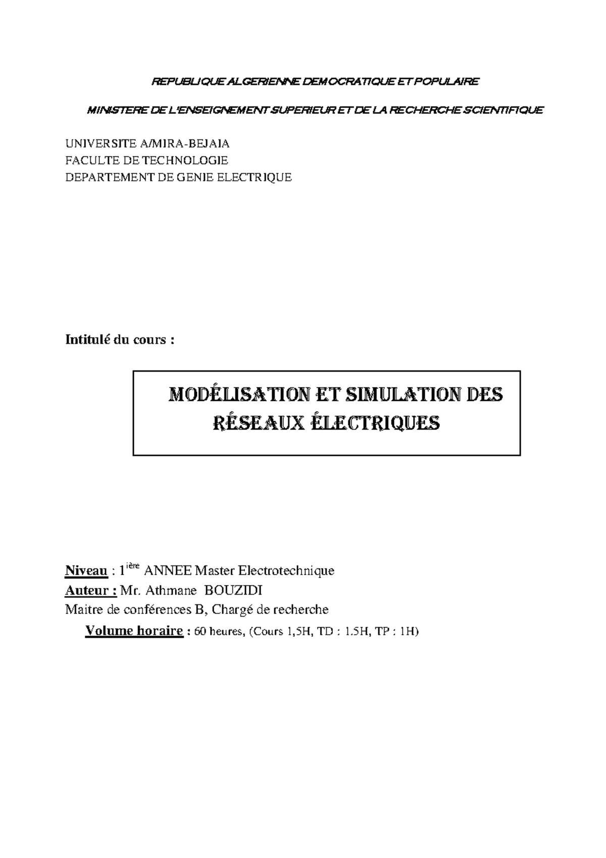 Modélisation et Simulation des Réseaux Électriques - Master 1, Cours - Studocu