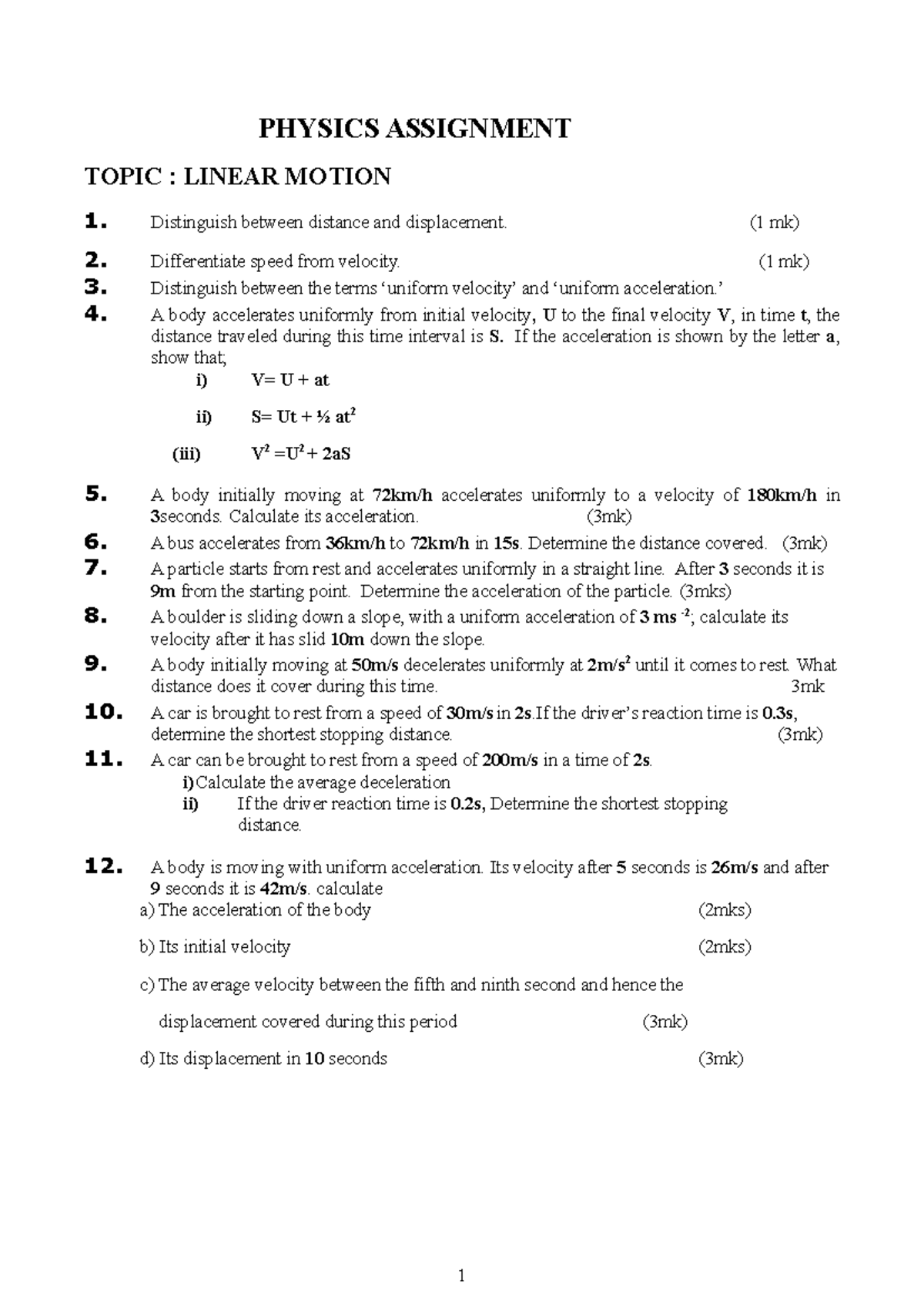 PHYSICS ASSIGNMENT: LINEAR MOTION & ACCELERATION ANALYSIS - Studocu