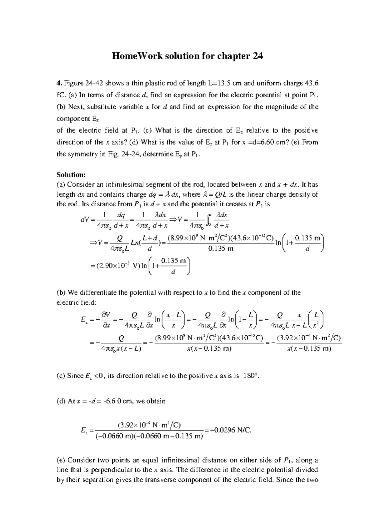 Ch24 Physics Homework Solutions: Electric Fields & Potential Analysis - Studocu