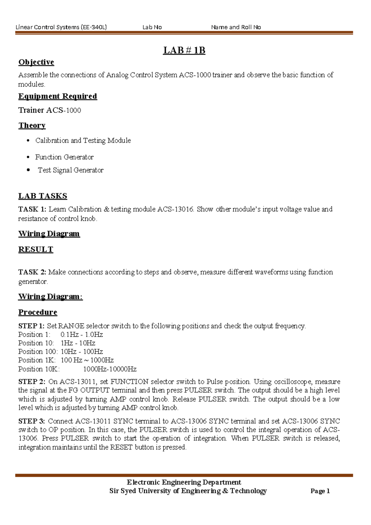 Lab 1B - Lab 1B of Linear Control System which perform on ACS-1000 Trainer. - Linear Control ...