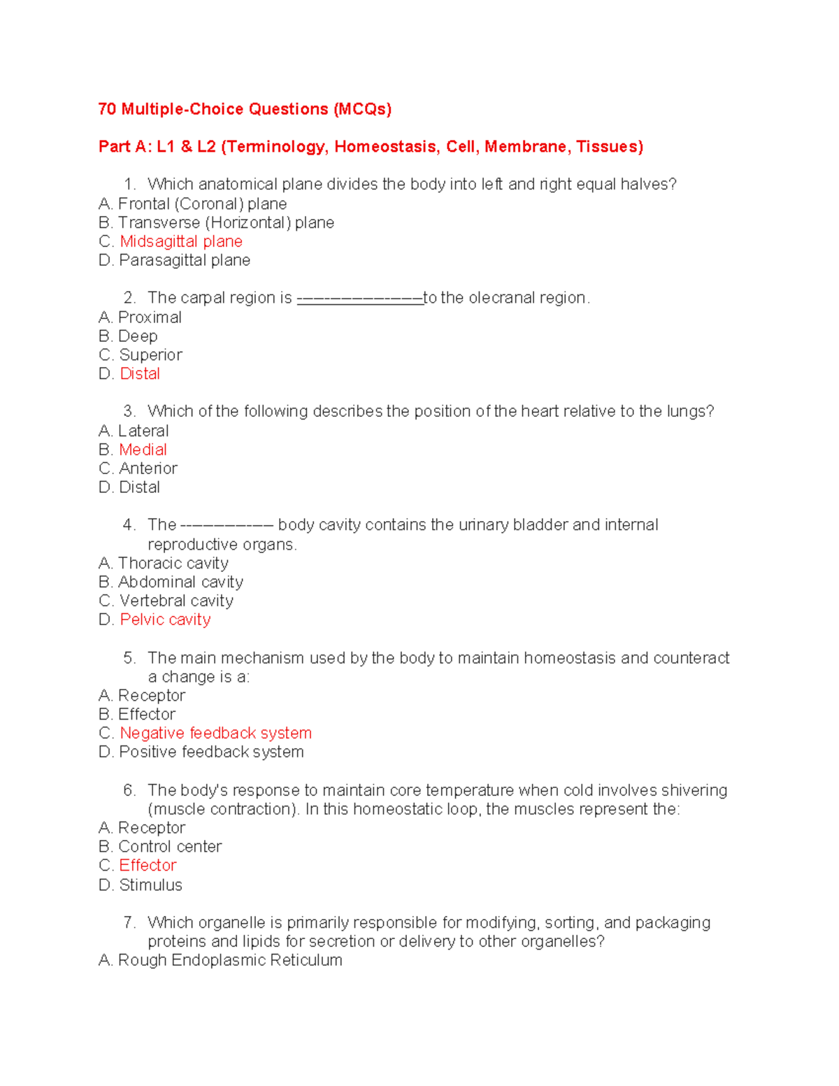 Bio110 Sample Questions: MCQs on Terminology, Homeostasis, and Tissues ...