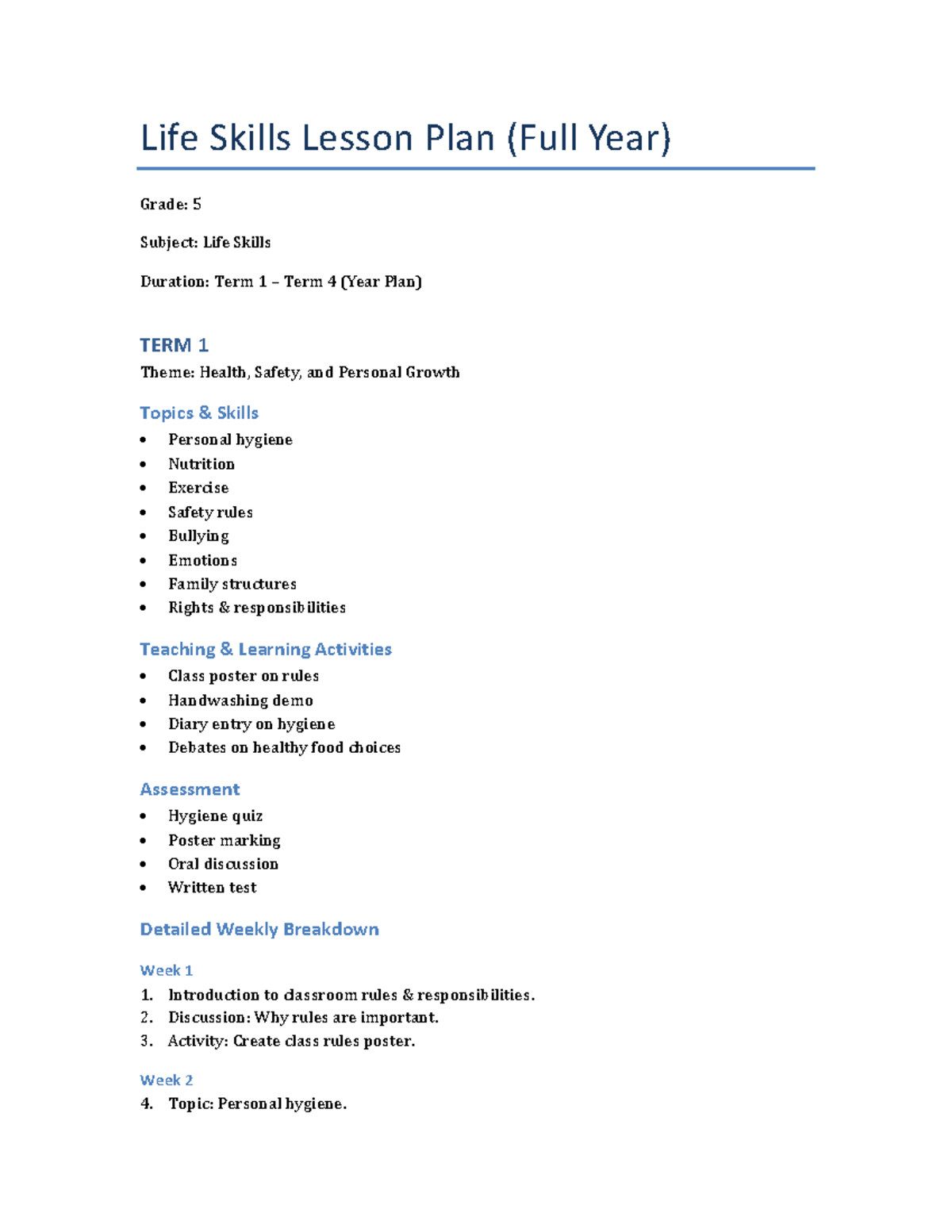 Life Skills Lesson Plans Overview (Grade 5) - Full Year Guide - Studocu
