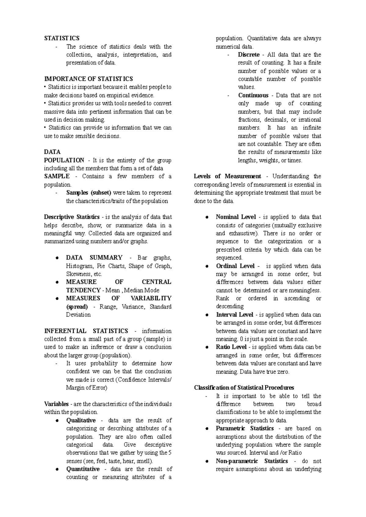 Statistics: A comprehensive review for STAT course - Studocu