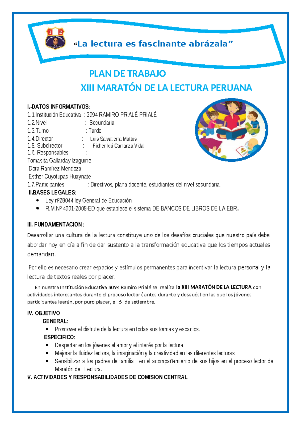 PLAN DE TRABAJO XIII MARATÓN DE LECTURA 2024 - Secundaria - Studocu