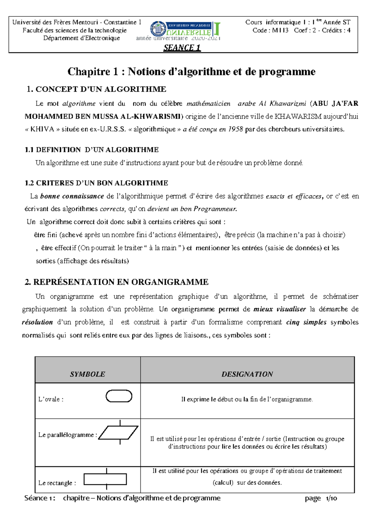 Informatique 1 M113 - Notions et Algorithmes (Séances 1 à 4) - Studocu