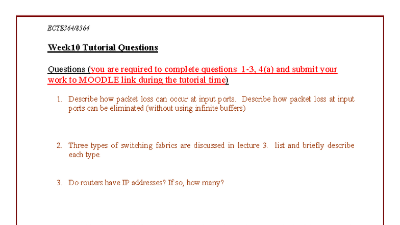 Week 10 Tutorial Questions: Packet Loss & Switching Fabrics - Studocu