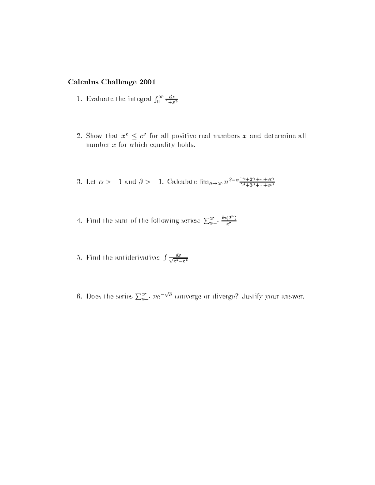 2001 - Calculus challenge problems - Calculus Challenge 2001 Evaluate ...