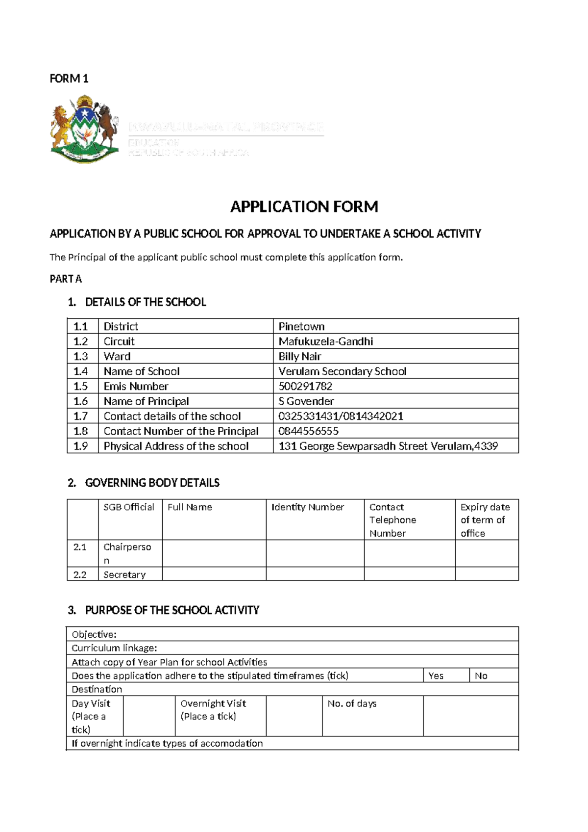 Excursion Application Form for Verulam Secondary School Activities ...