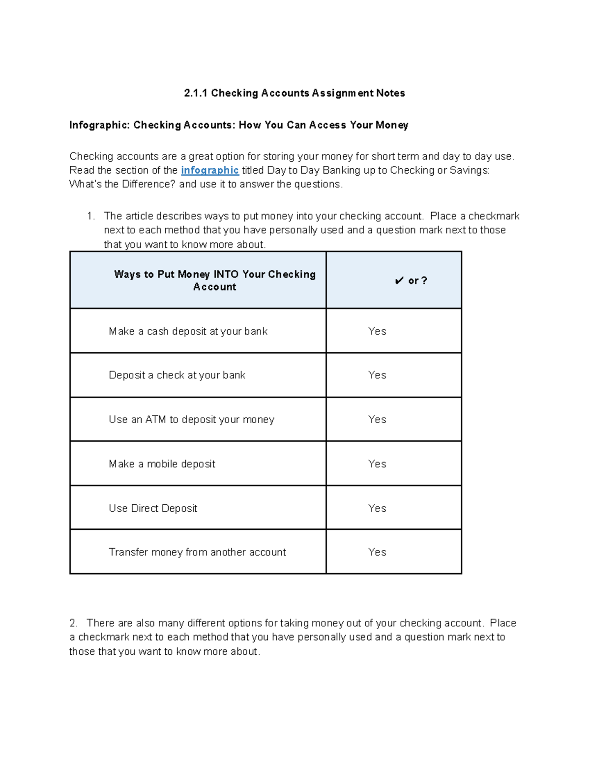 2.1.1 Checking Accounts Assignment Notes: Accessing Your Money - Studocu