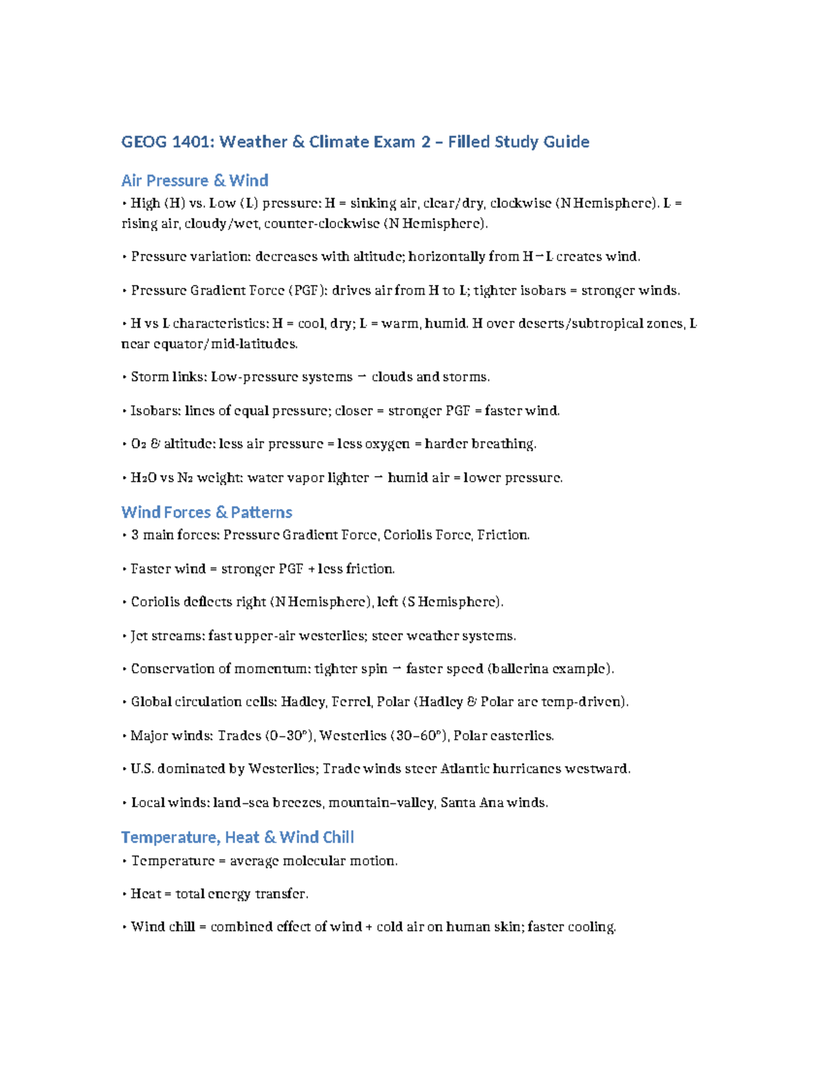 GEOG 1401: Weather & Climate Exam 2 Study Guide (Filled Version) - Studocu
