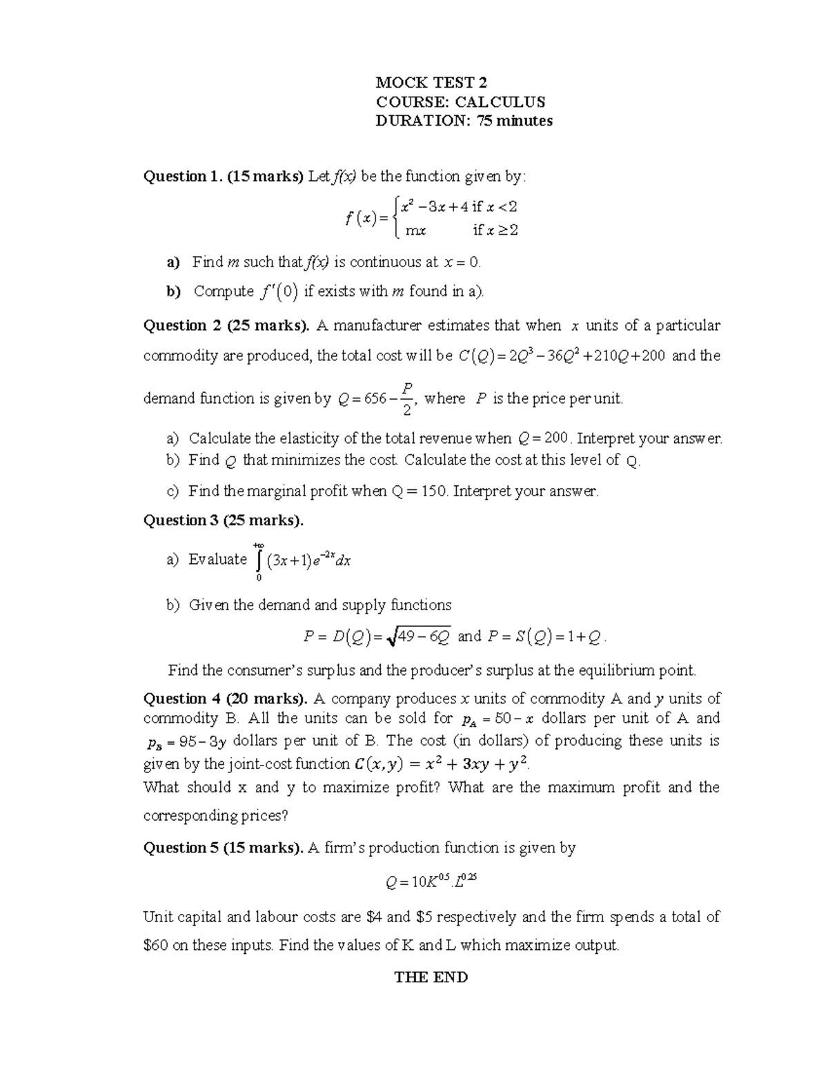 Calculus Mock-test-2 - mocktest - MOCK TEST 2 COURSE: CALCULUS DURATION ...