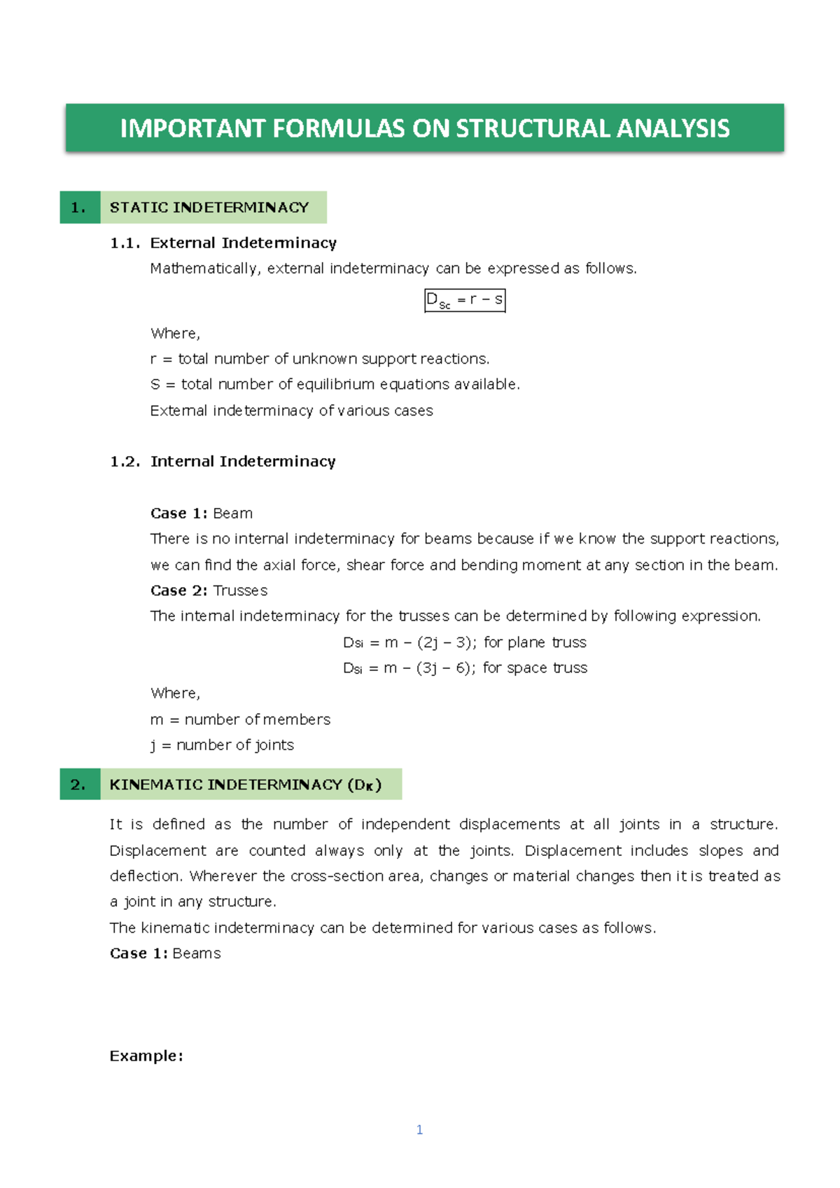 Important Formulas ON Structural Analysis - 1. STATIC INDETERMINACY 1 ...