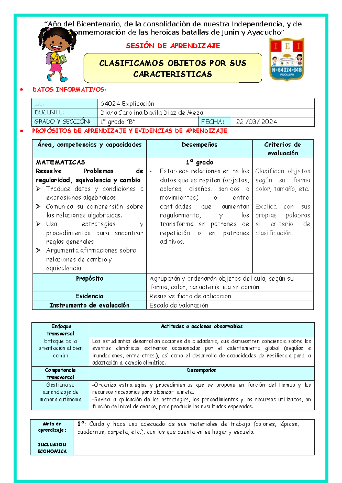 Clasificación de Objetos Según Características - 1° Grado B MAT - Studocu