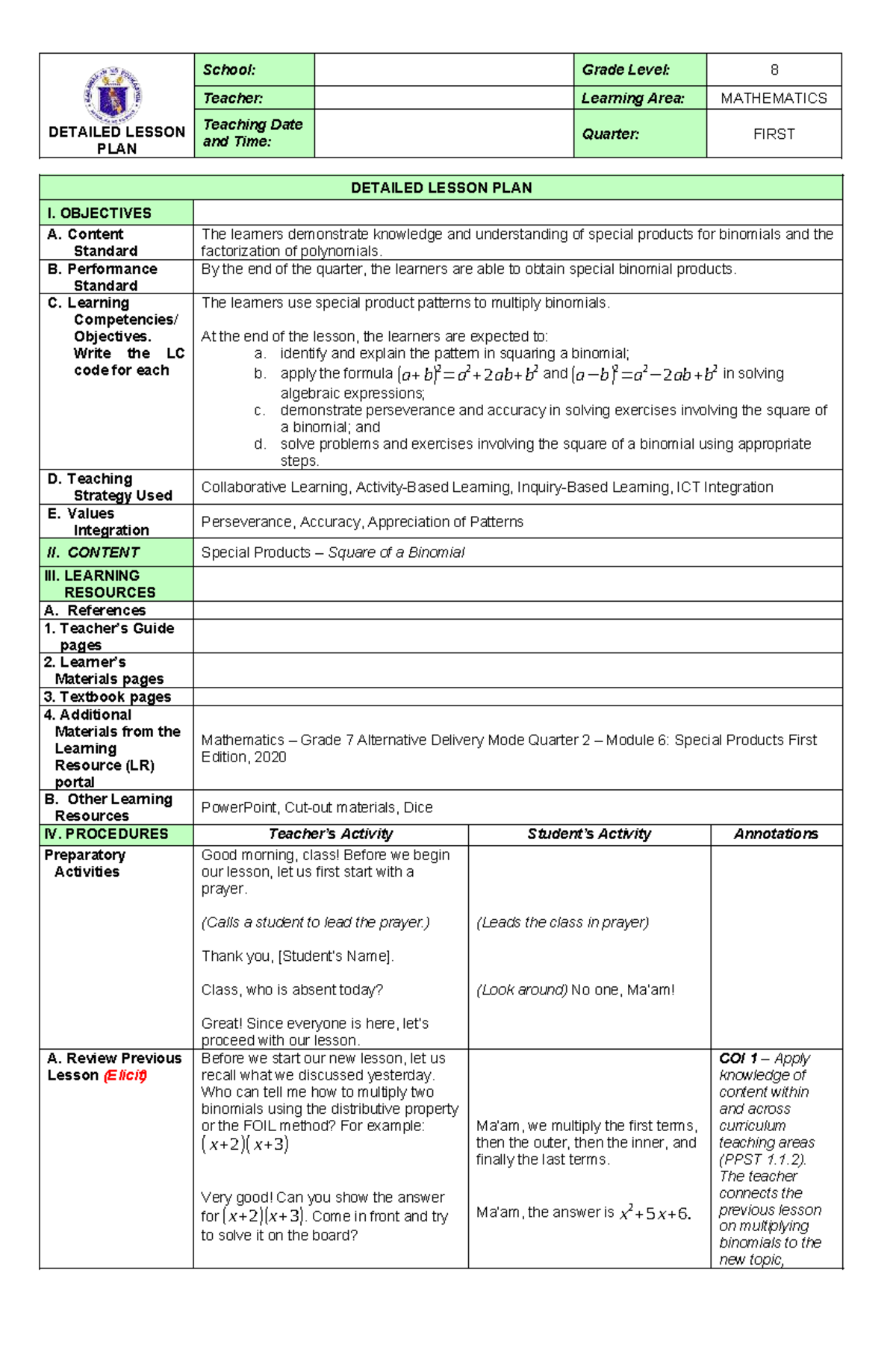 MATH 8 DLP: Detailed Lesson Plan on Special Products - Square of a ...