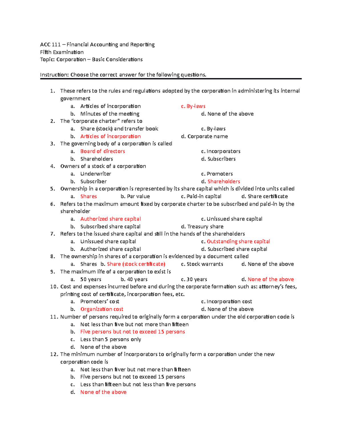 ACC 111 – Financial Accounting: Fifth Exam on Corporations Basics - Studocu