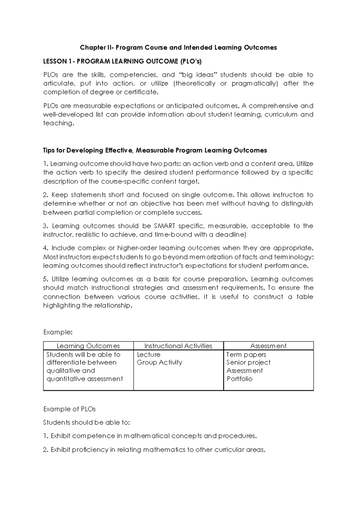 Chapter II Lesson 1 - Program Learning Outcomes Overview - Studocu