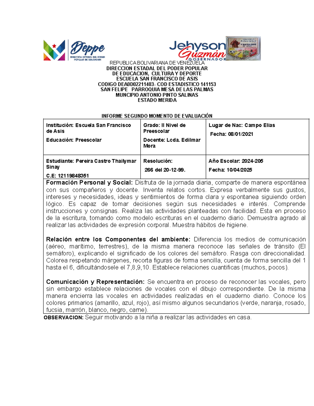 Informe segundo momento de evaluación preescolar II - 141153 - Studocu