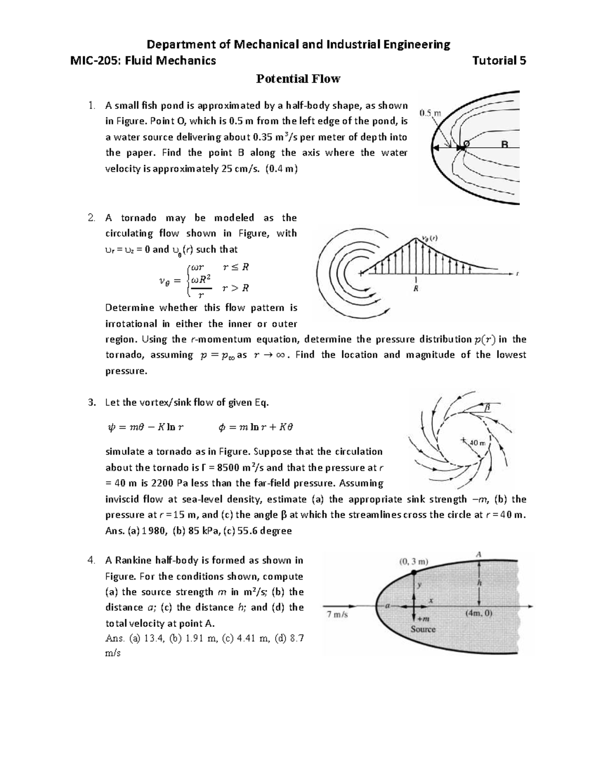 Fluid Mechanics ME 101 Tutorial 5: Potential Flow Analysis - Studocu