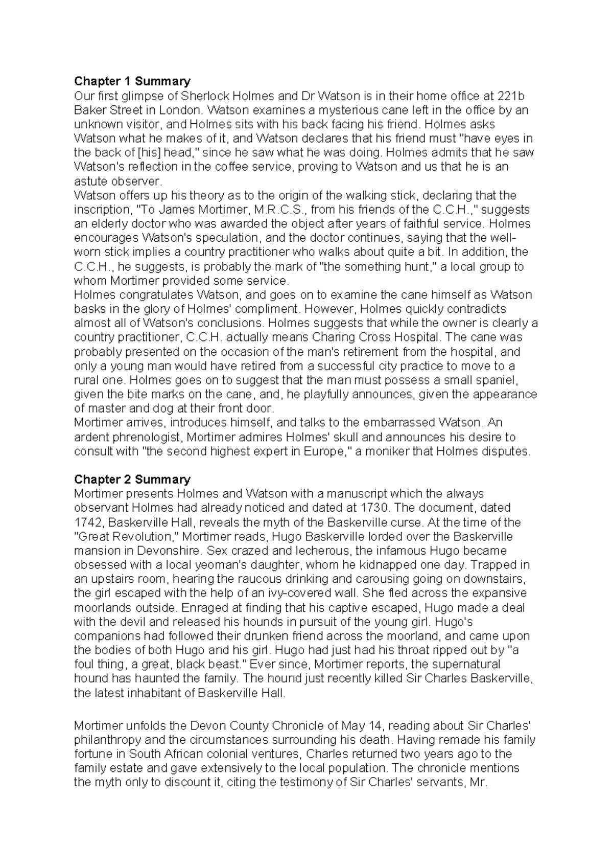 Summary Chapter 1 - Chapter 1 Summary Our first glimpse of Sherlock Holmes and Dr Watson is in ...