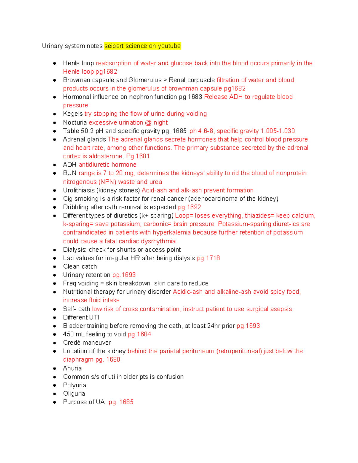 Med Surg Notes: Urinary System Overview and Key Concepts - Studocu