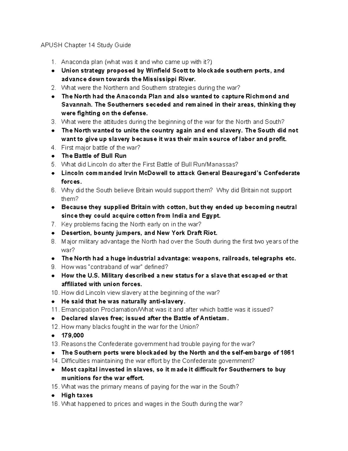 APUSH Chapter 14: Civil War Strategies and Key Events Study Guide - Studocu