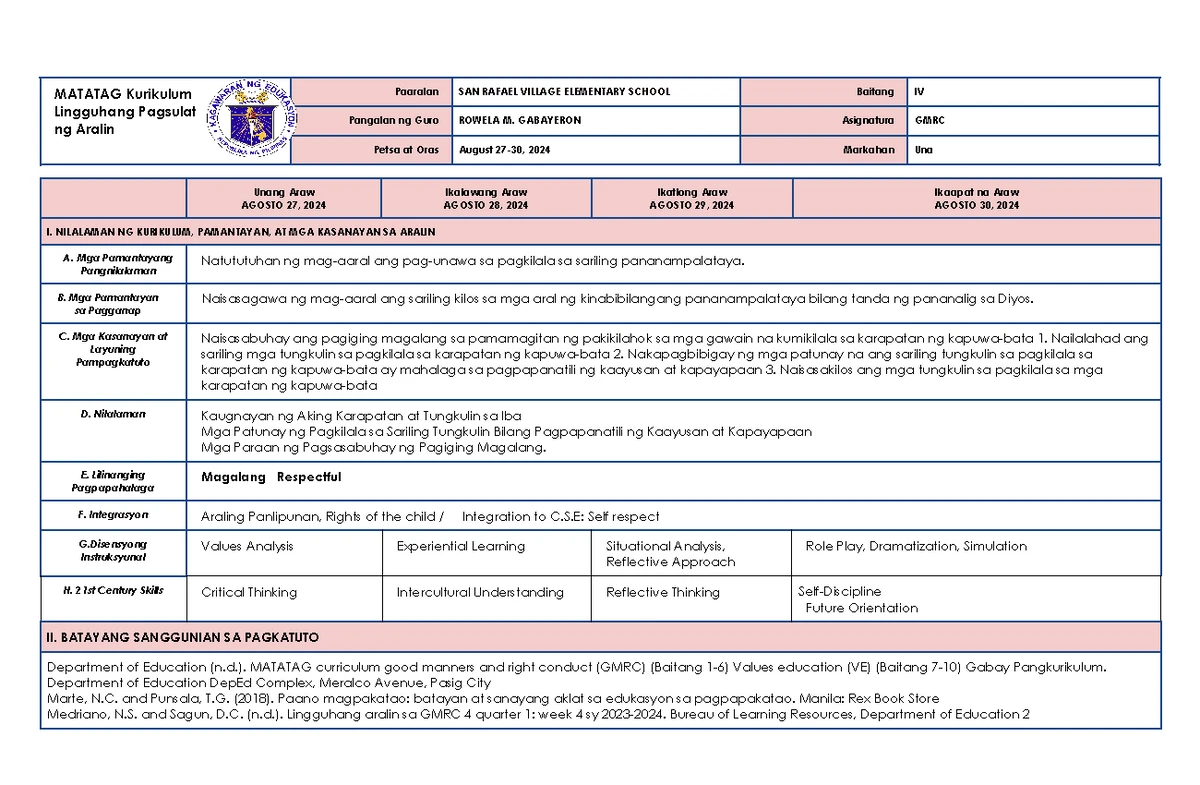 DLP-GMRC-DAY1 (ST) - LESSON PLAN FRO GRADE IV - GRADE 4 DAILY LESSON ...