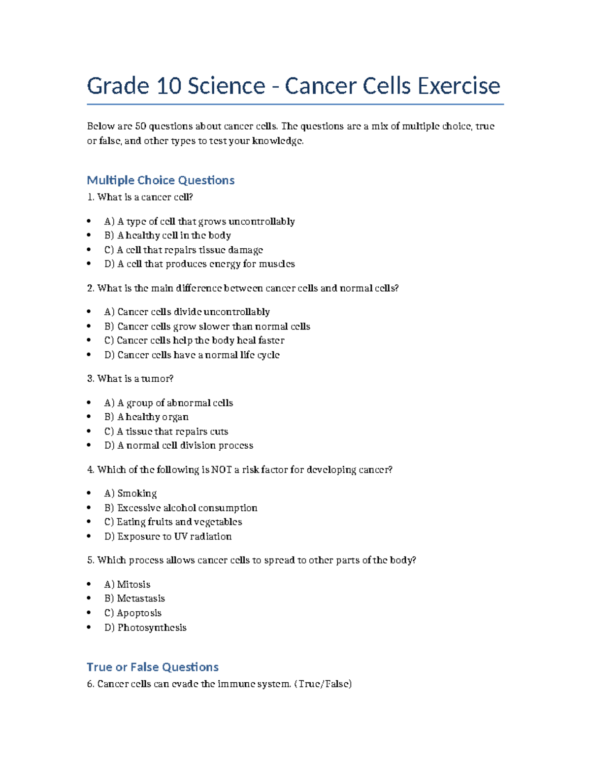 Grade 10 Science Cancer Cells Exercise - 50 Q&A Assessment - Studocu