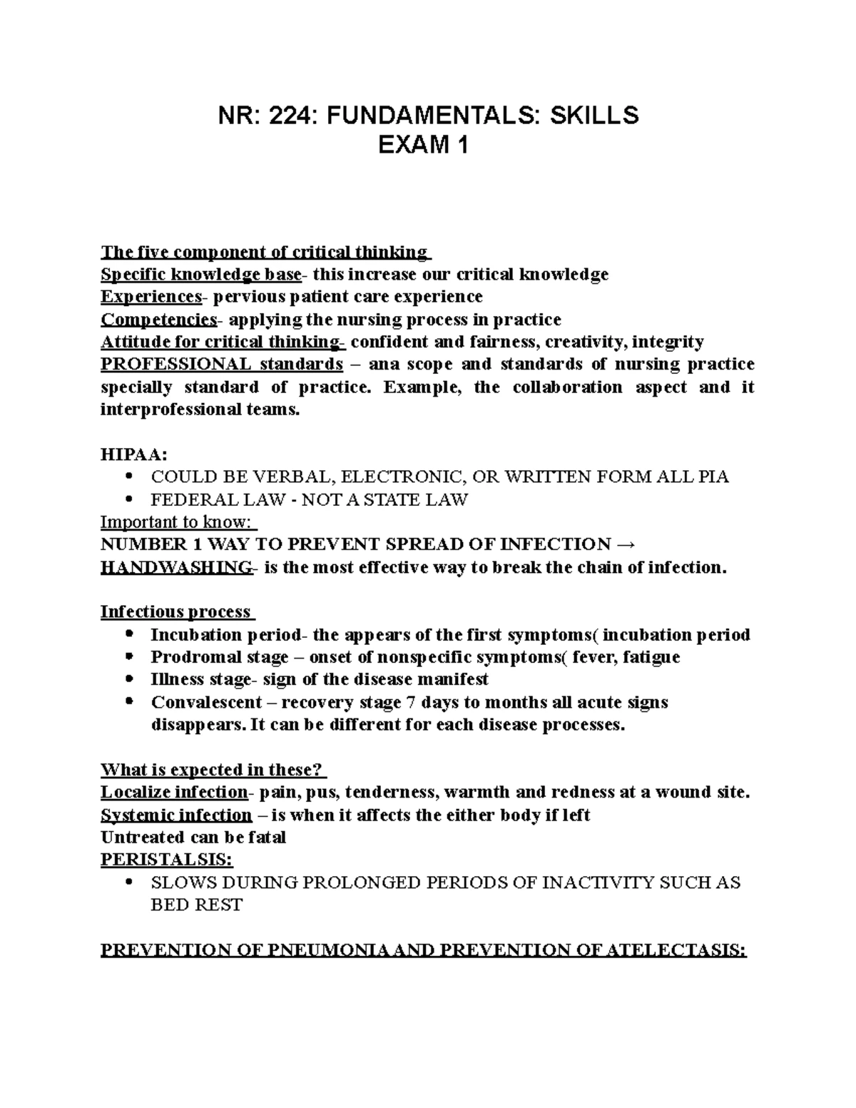 NR 224: Fundamentals Skills Exam 1 Study Guide for Weeks 1-2 - Studocu
