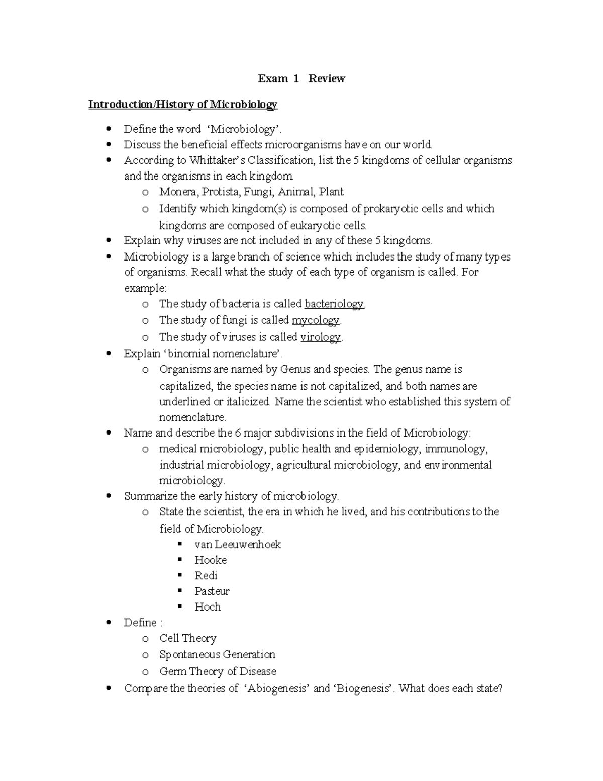 Microbiology 101: Exam 1 Review - Key Concepts & History - Studocu