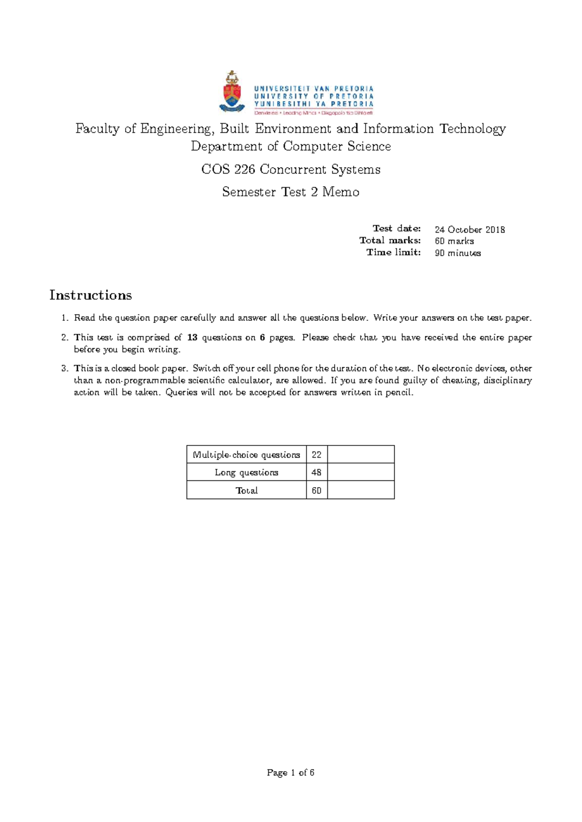 COS 226 Semester Test 2 2018 Memo on Concurrent Systems - Studocu