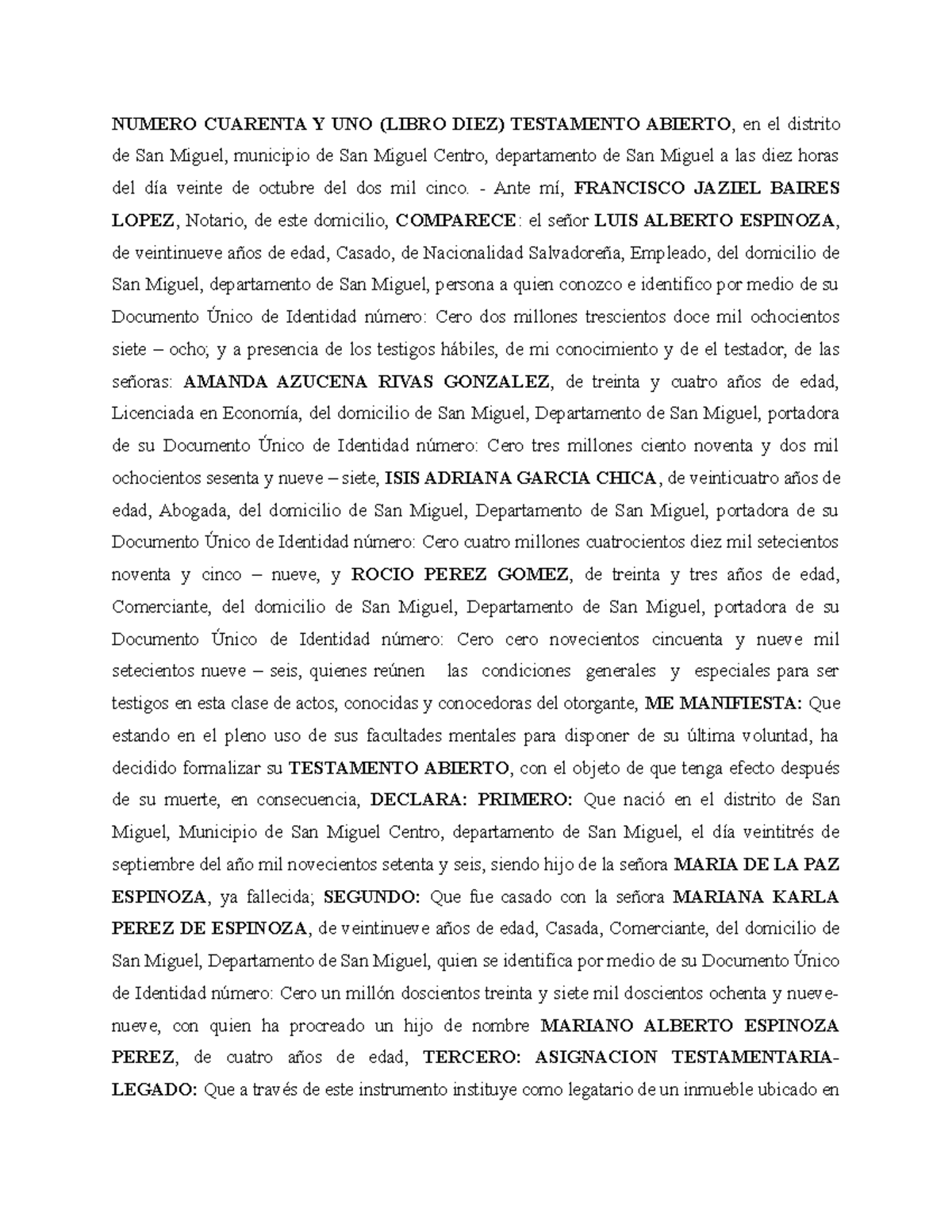 Modelo de Testamento Abierto con Asignación de Legado - Studocu