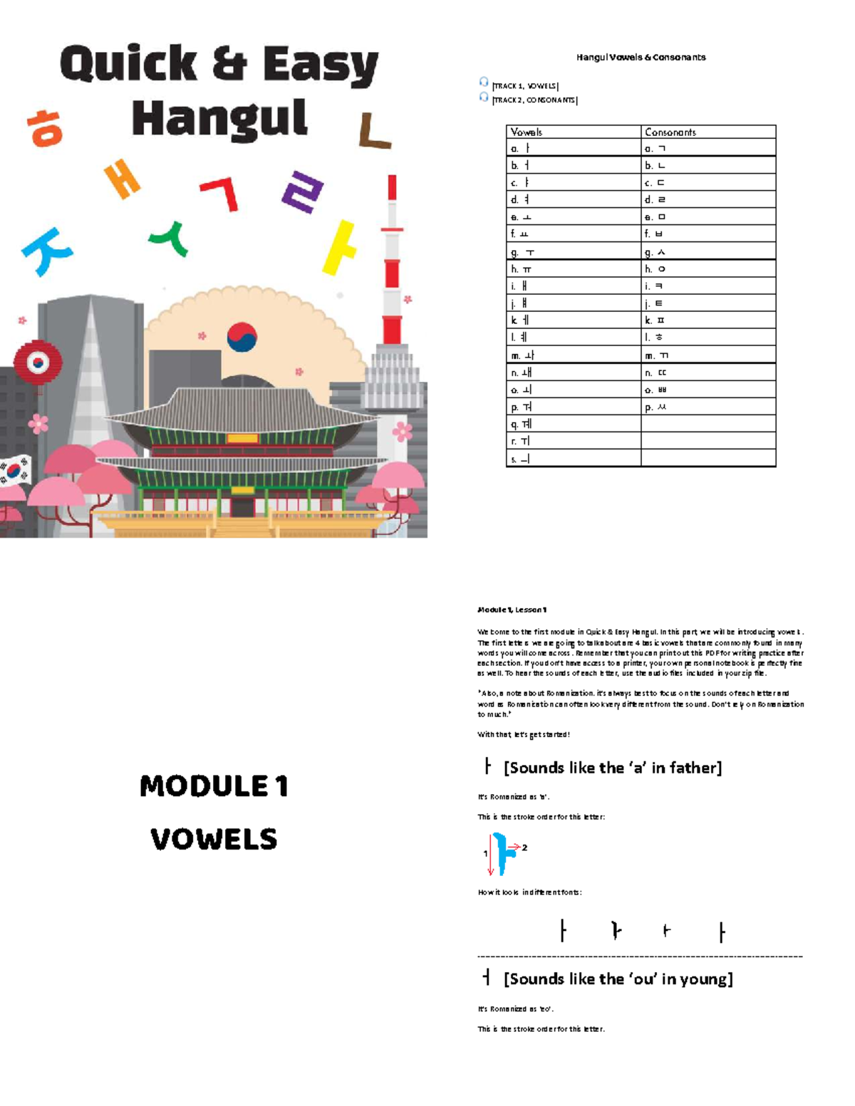 Quick Easy Hangul: Vowels & Consonants Overview (Module 1 & 2) - Studocu
