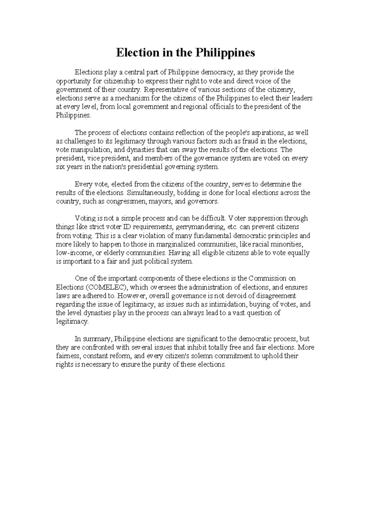Election in the Philippines Assignment - Election in the Philippines ...