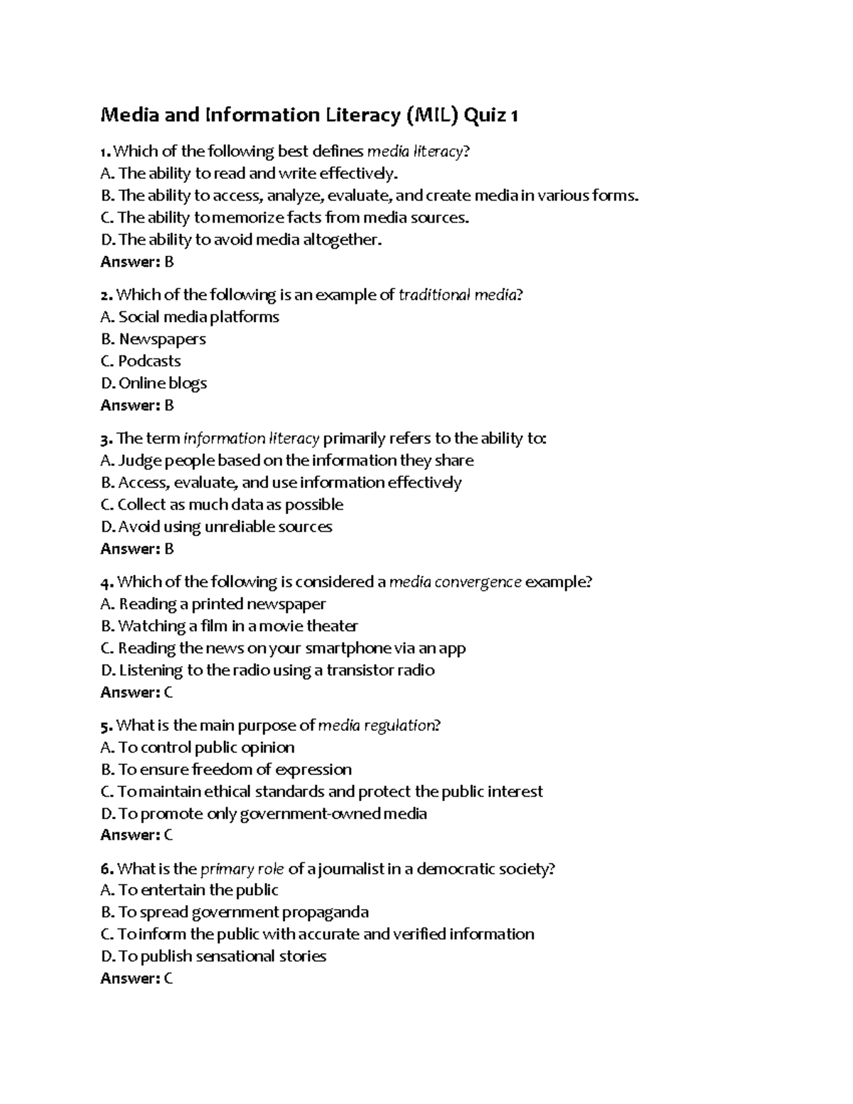 MIL Quiz 1: Understanding Media and Information Literacy Concepts - Studocu