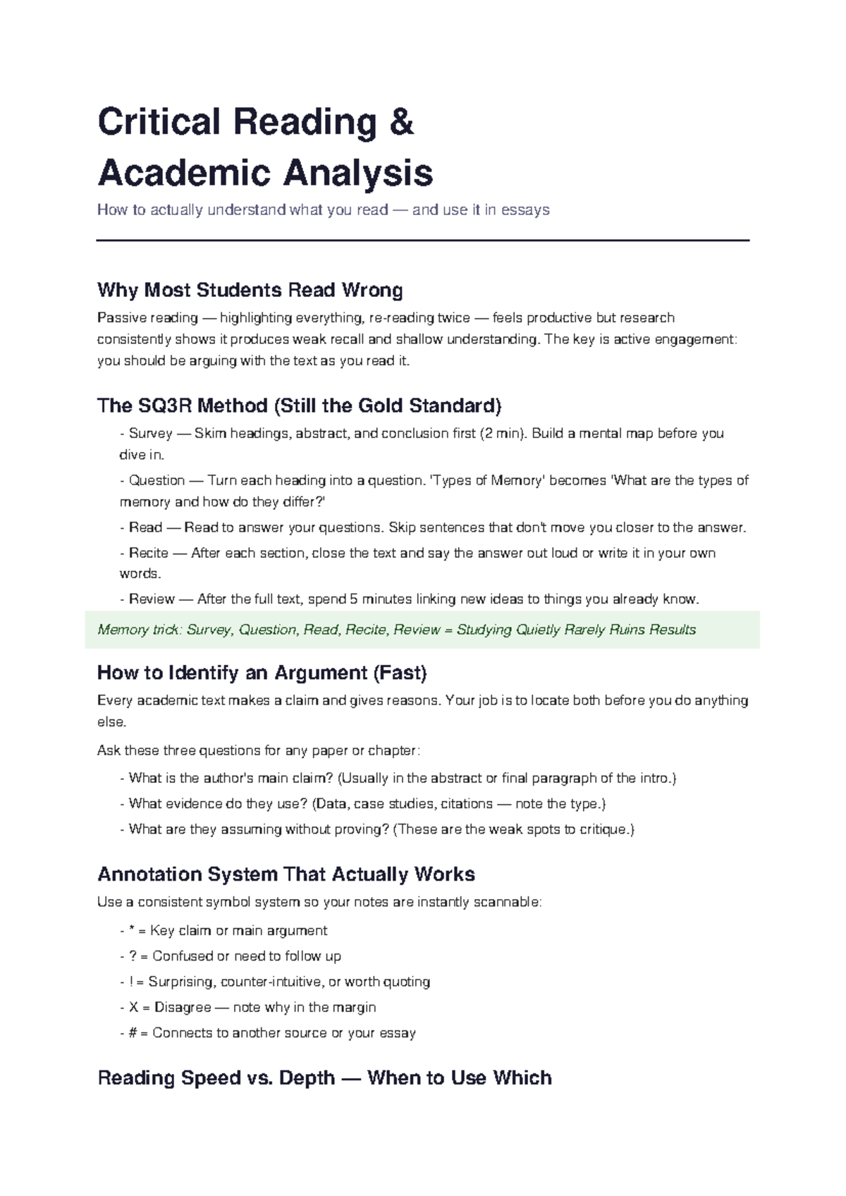 Critical Reading Guide: Mastering Active Engagement Techniques - Studocu