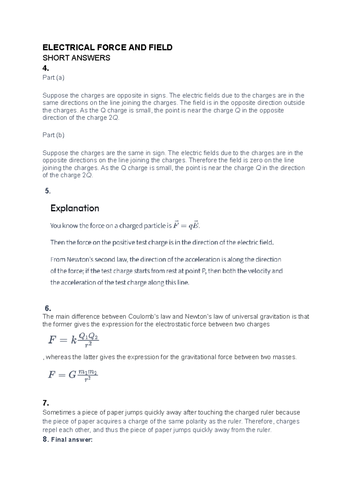 Electrical Force and Field Concepts: Short Answers & Insights - Studocu