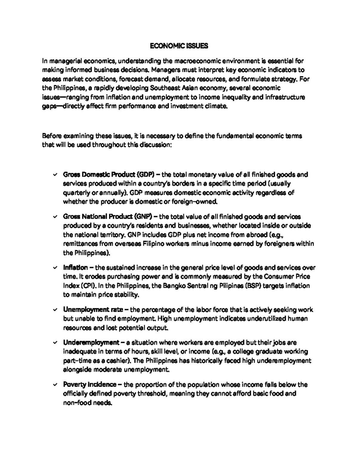 ECON 101: Major Economic Issues in the Philippines - Notes - Studocu