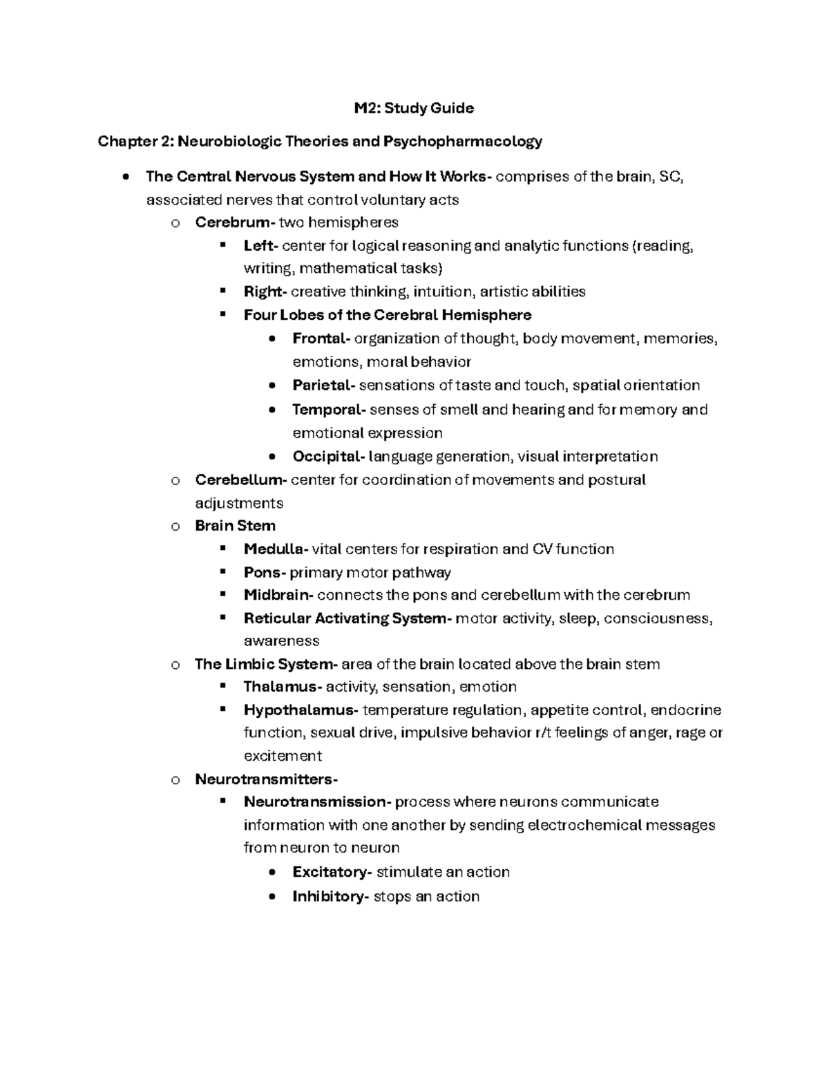 M2: Study Guide for Chapter 2 - Neurobiologic Theories ...