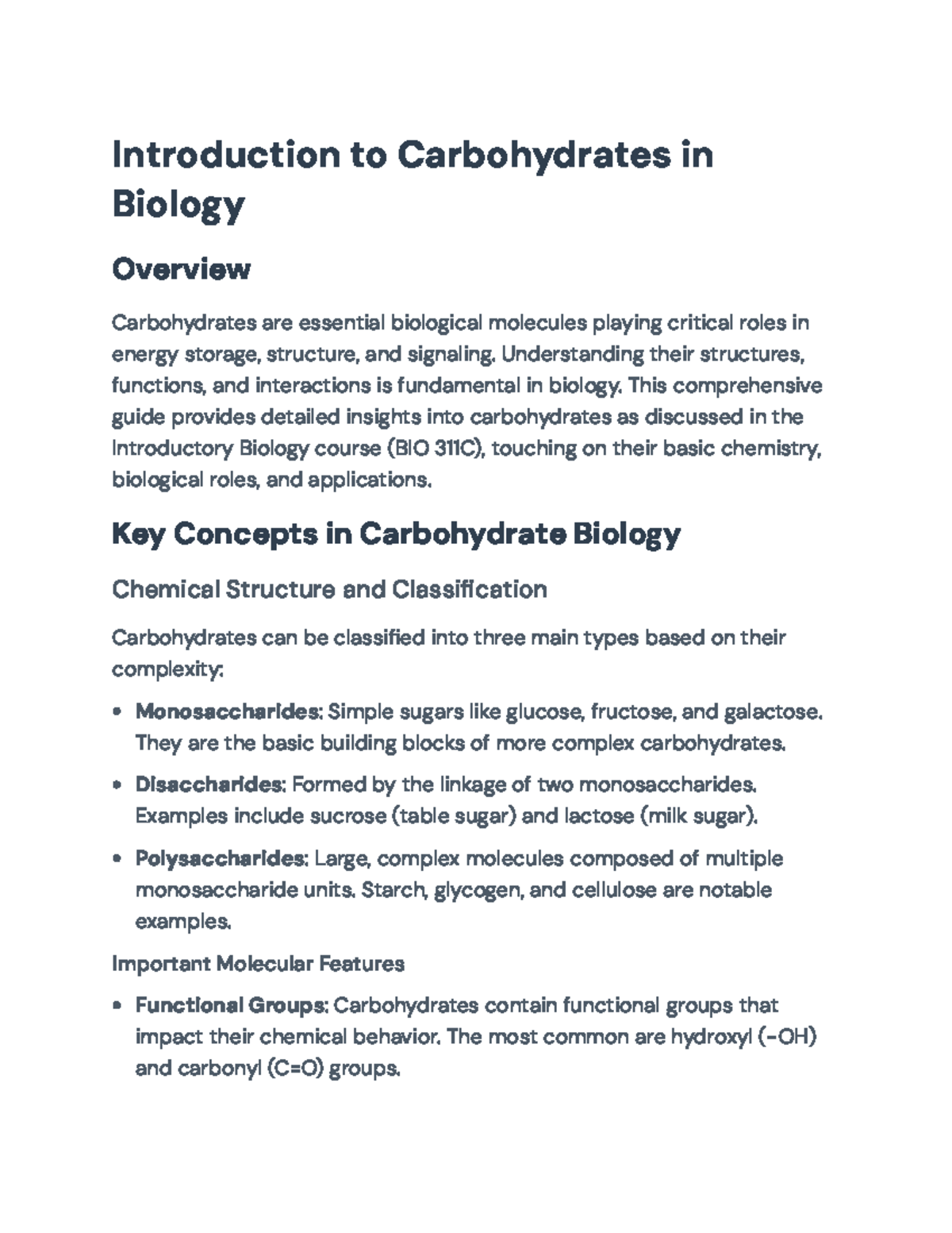 Understanding Carbohydrates: Key Concepts & Functions - BIO 311C - Studocu
