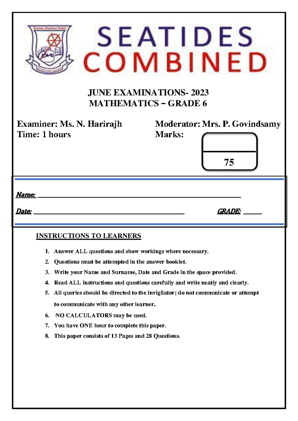 Grade 6 Mathematics Final Exam - June 2023 - Studocu
