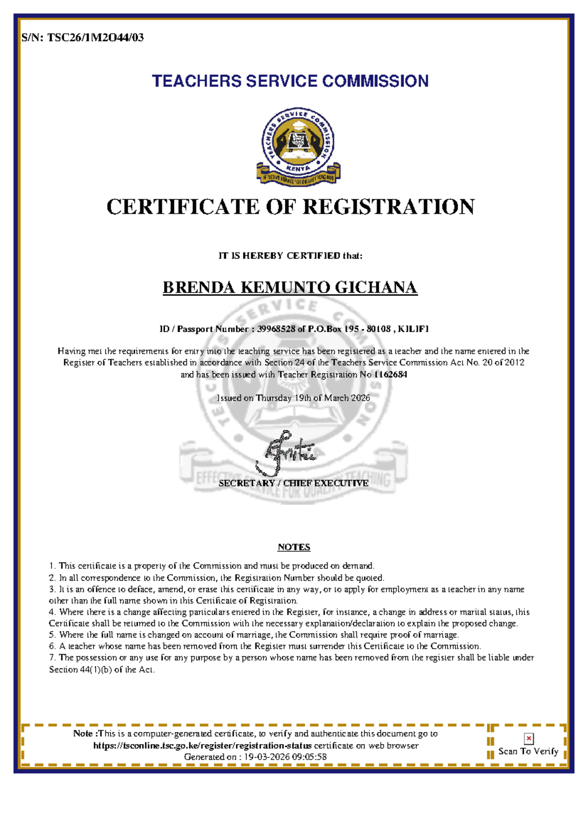 TSC Registration Certificate for Brenda Gichana - No. 1162684 - Studocu