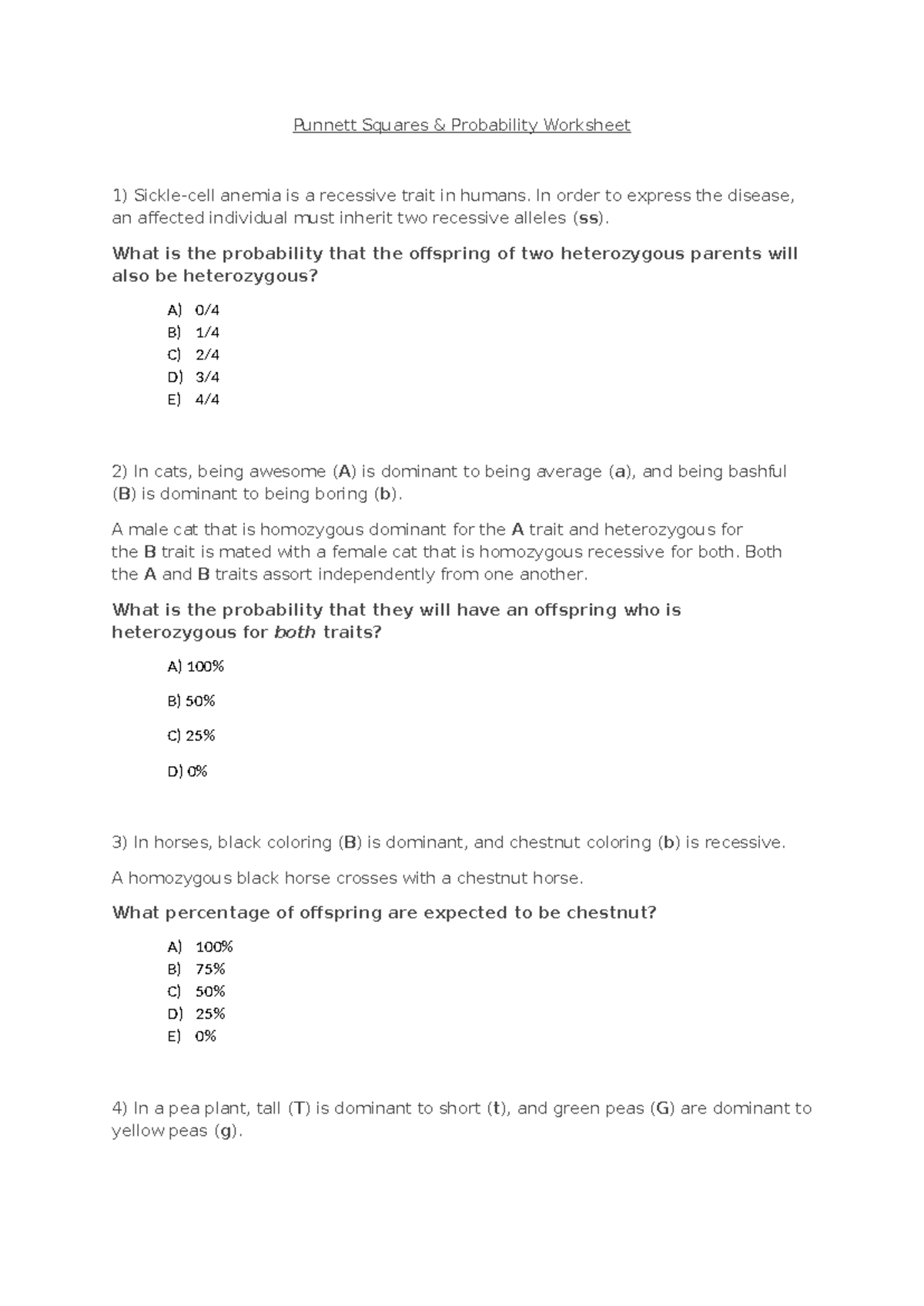 Punnett Squares & Probability Worksheet - Punnett Squares & Probability ...