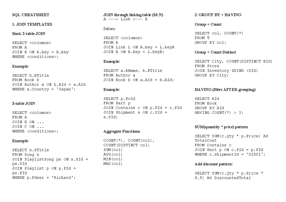 SQL CHEATSHEET: JOINs, RA, and Indexing Techniques - Studocu