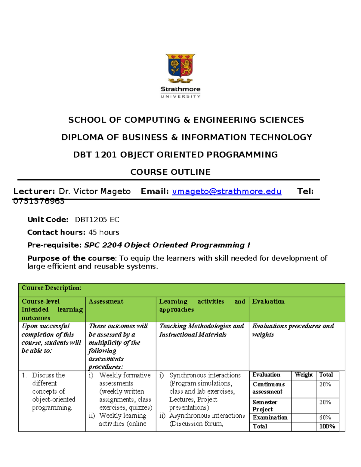 DBT 1201 Object Oriented Programming Course Outline and Details - Studocu