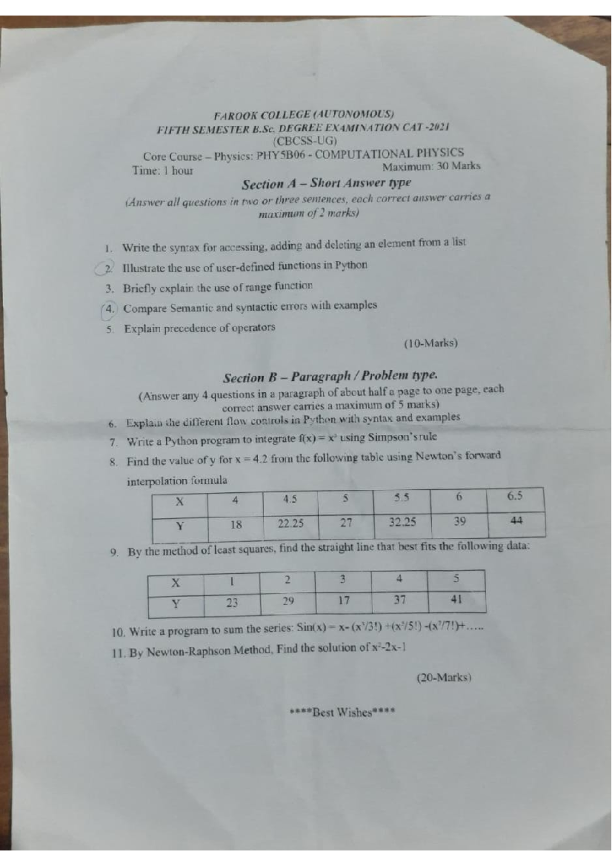 Q1 - 5th Sem B.Sc. Degree Exam: Computational Physics (PHY5B06) - Studocu