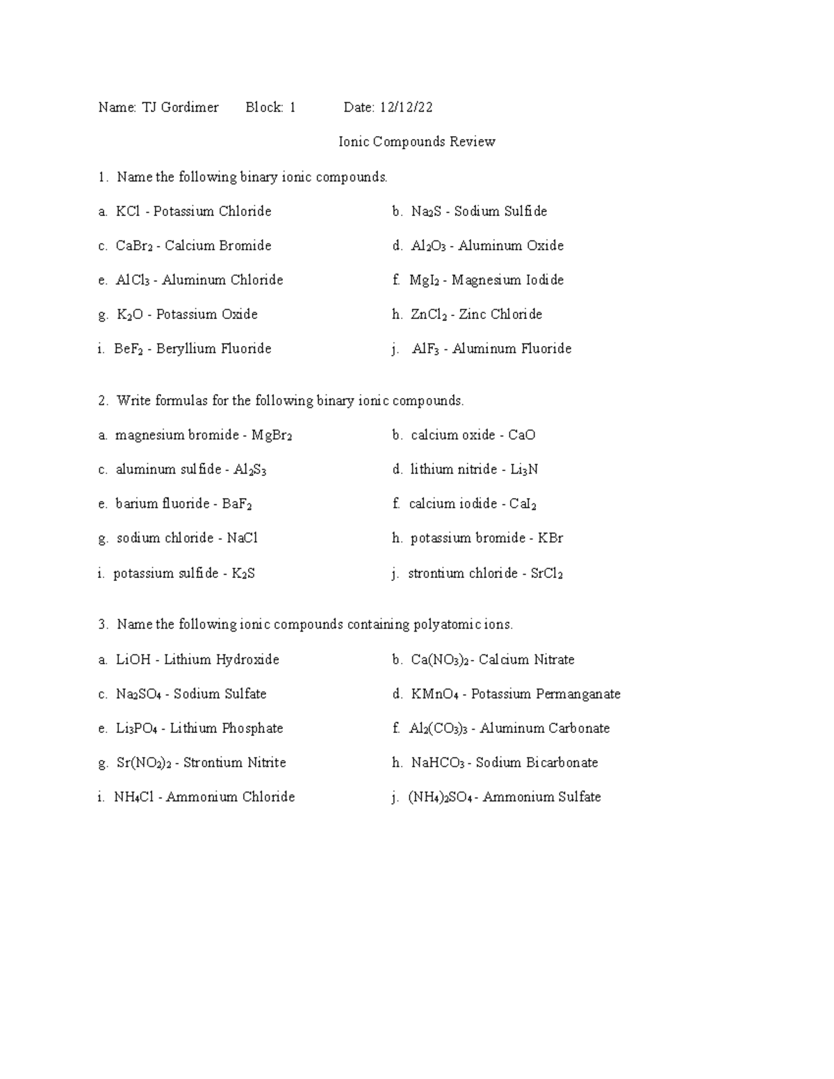 Review of Ionic Compounds Practice for Chemistry 101 - Studocu
